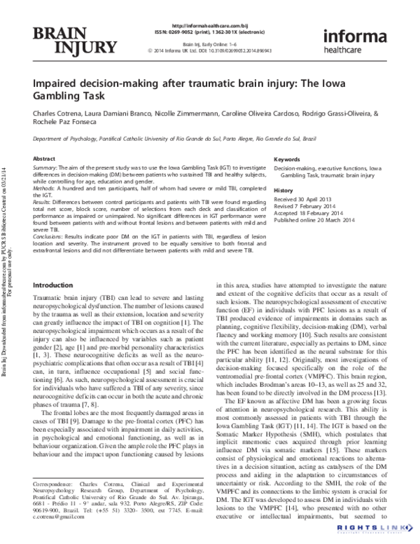 (PDF) Impaired decision-making after traumatic brain injury: The Iowa ...