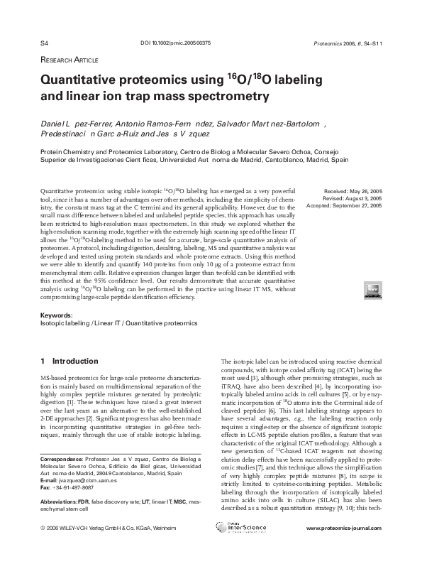 (PDF) Quantitative proteomics using 16O/18O labeling and linear ion trap mass spectrometry