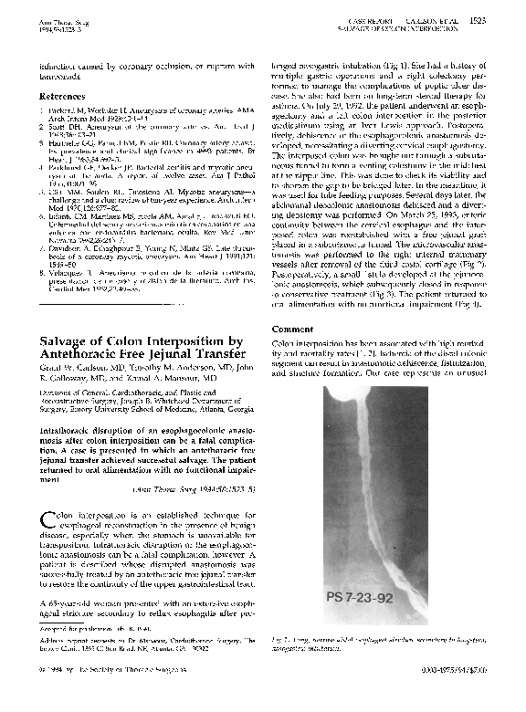 (PDF) Salvage of colon interposition by antethoracic free jejunal transfer