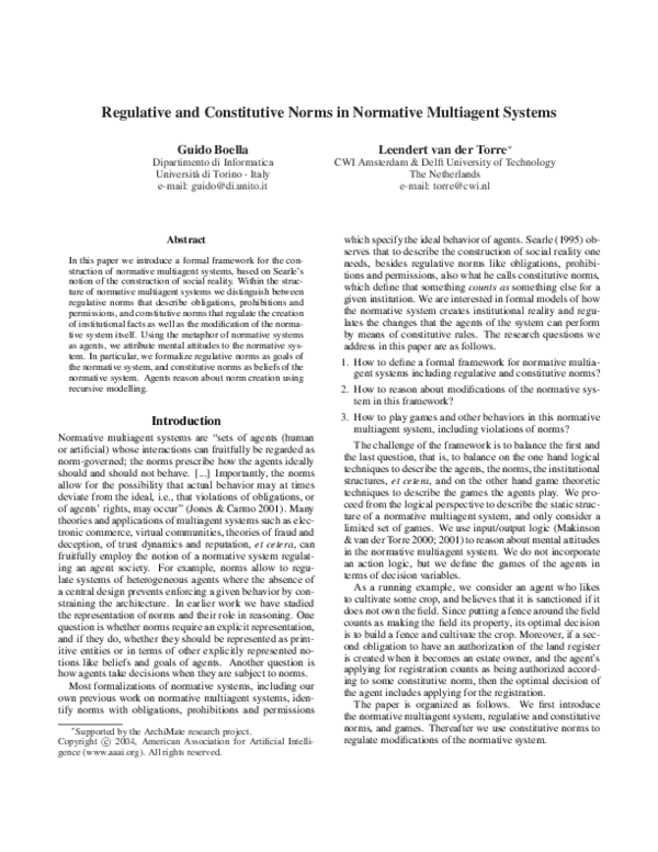 (PDF) Regulative and constitutive norms in normative multiagent systems