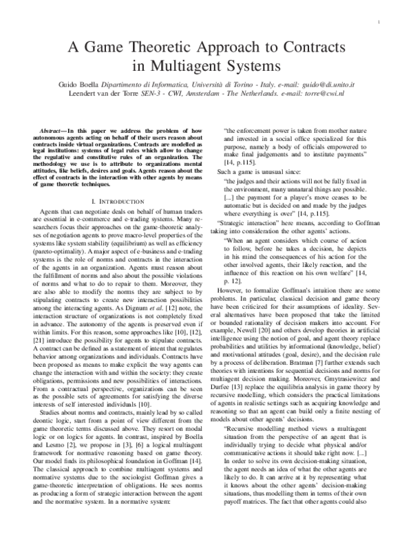 (PDF) A game theoretic approach to contracts in multiagent systems