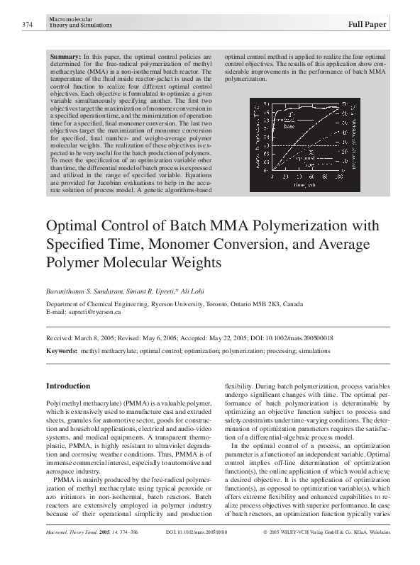 (PDF) Optimal Control of Batch MMA Polymerization with Specified Time, Monomer Conversion, and ...