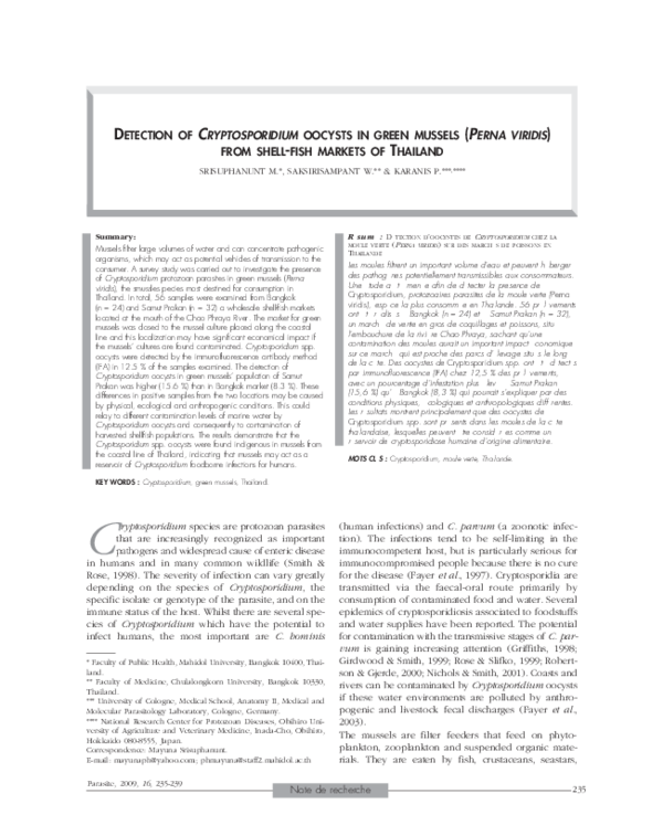 Pdf Detection Of Cryptosporidium Oocysts In Green Mussels Perna