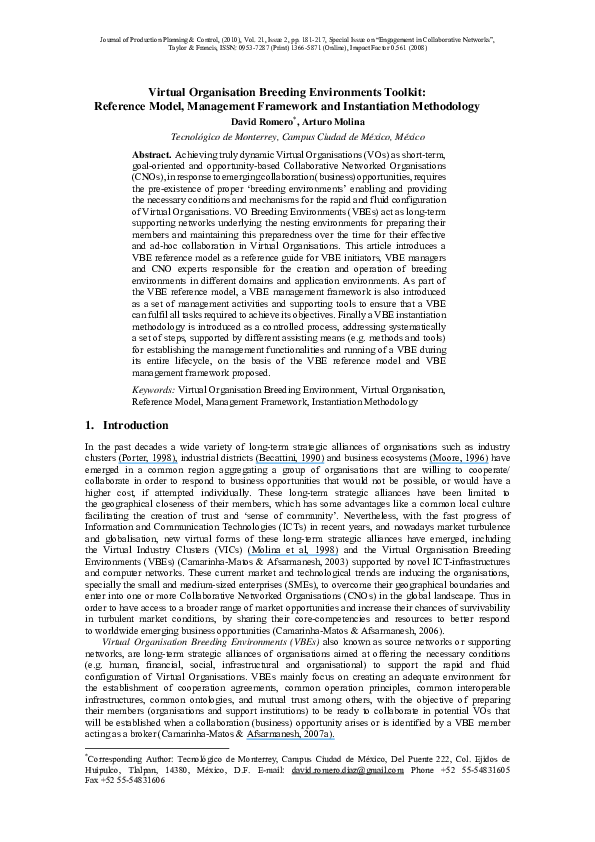 (PDF) Virtual organisation breeding environments toolkit: reference model, management framework ...