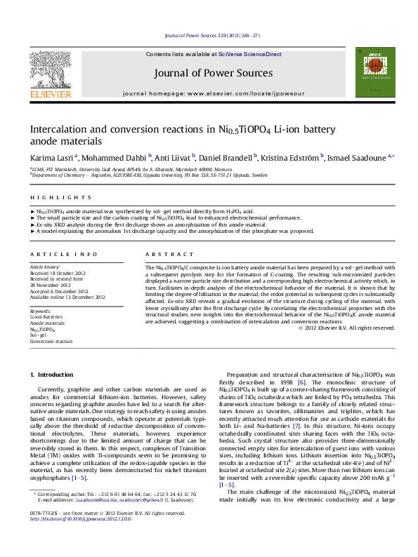 (PDF) Intercalation and conversion reactions in Ni0.5TiOPO4 Li-ion battery anode materials