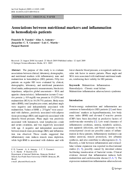 (PDF) Associations between nutritional markers and inflammation in hemodialysis patients