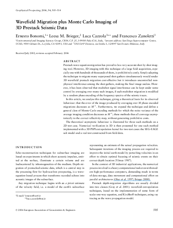 (PDF) Wavefield Migration plus Monte Carlo Imaging of 3D Prestack Seismic Data