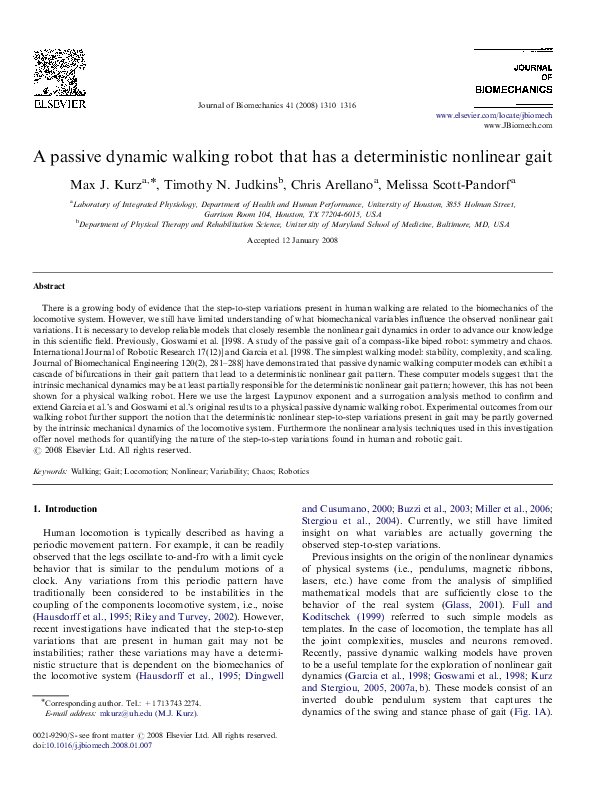 (PDF) A passive dynamic walking robot that has a deterministic nonlinear gait