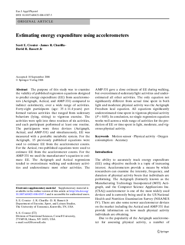 Pdf Estimating Energy Expenditure Using Accelerometers