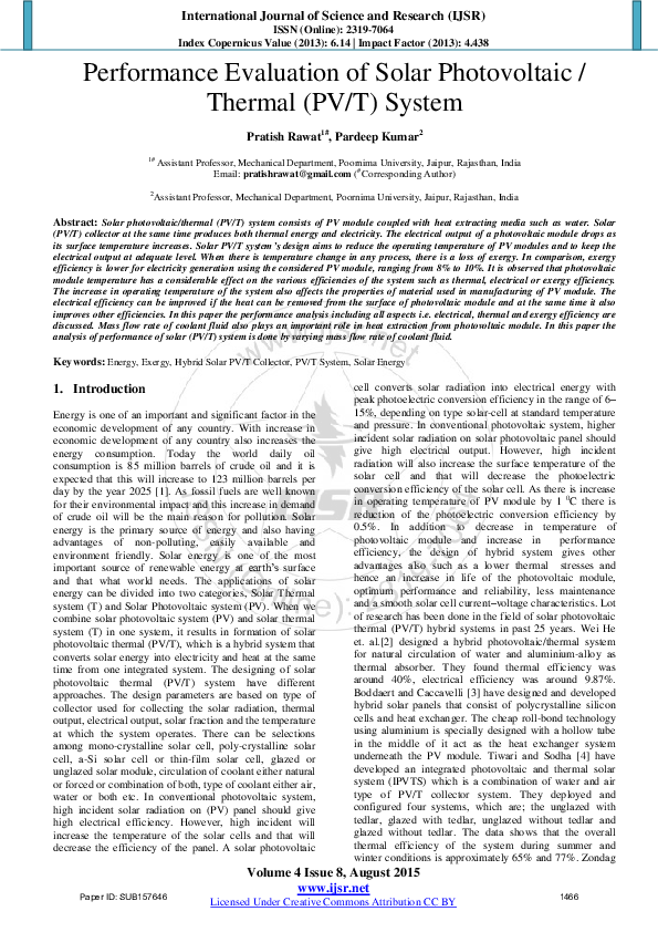 Pdf Performance Evaluation Of Solar Photovoltaic Thermal Pv T System