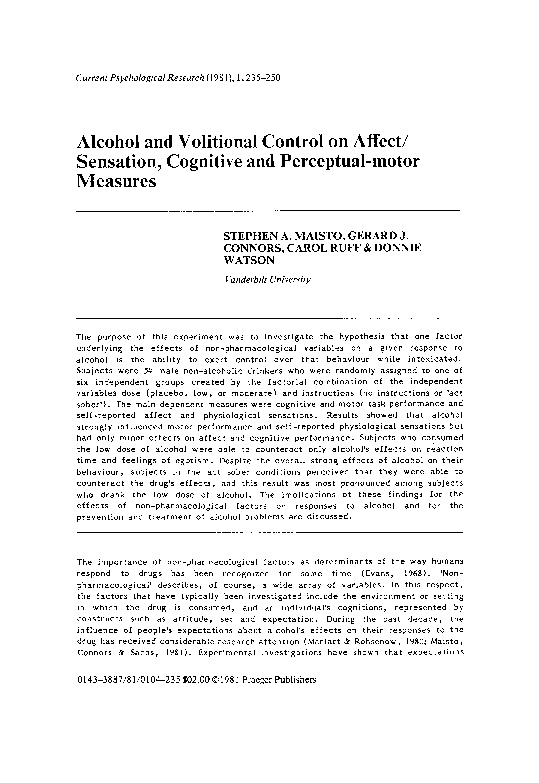 (PDF) Alcohol and volitional control on affect/sensation, cognitive and ...