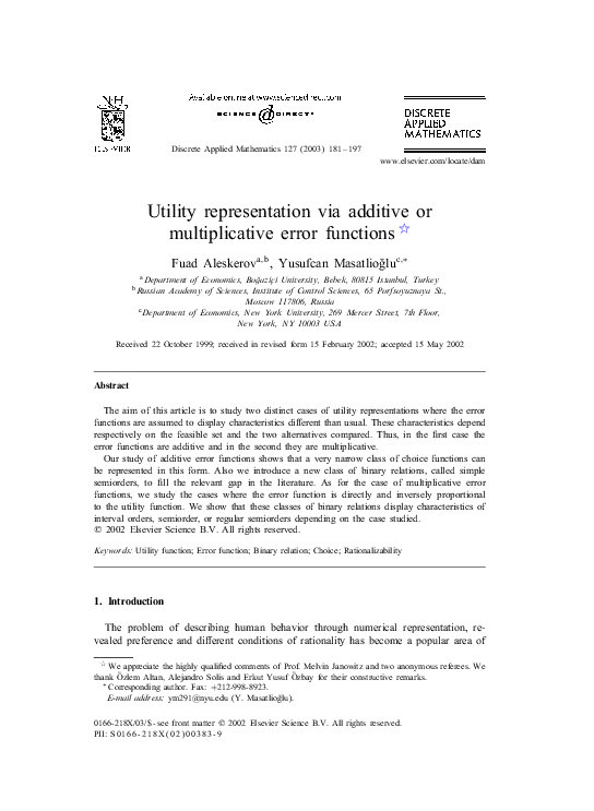 Pdf Utility Representation Via Additive Or Multiplicative Error Functions