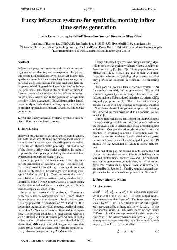 (PDF) Fuzzy inference systems for synthetic monthly inflow time series generation