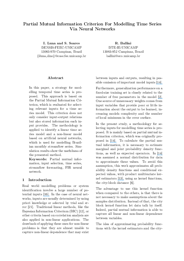 Pdf Partial Mutual Information Criterion For Modelling Time Series Via Neural Networks