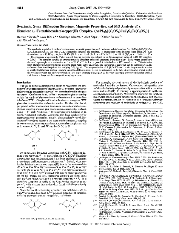 Synthesis, x-ray diffraction structure, magnetic properties, and MO analysis of a binuclear (.mu ...