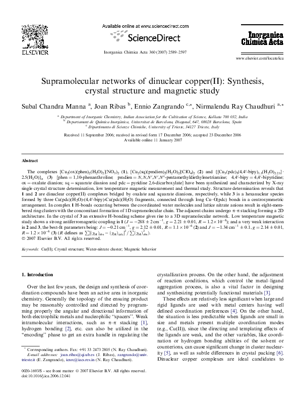 (PDF) Supramolecular networks of dinuclear copper(II): Synthesis, crystal structure and magnetic ...