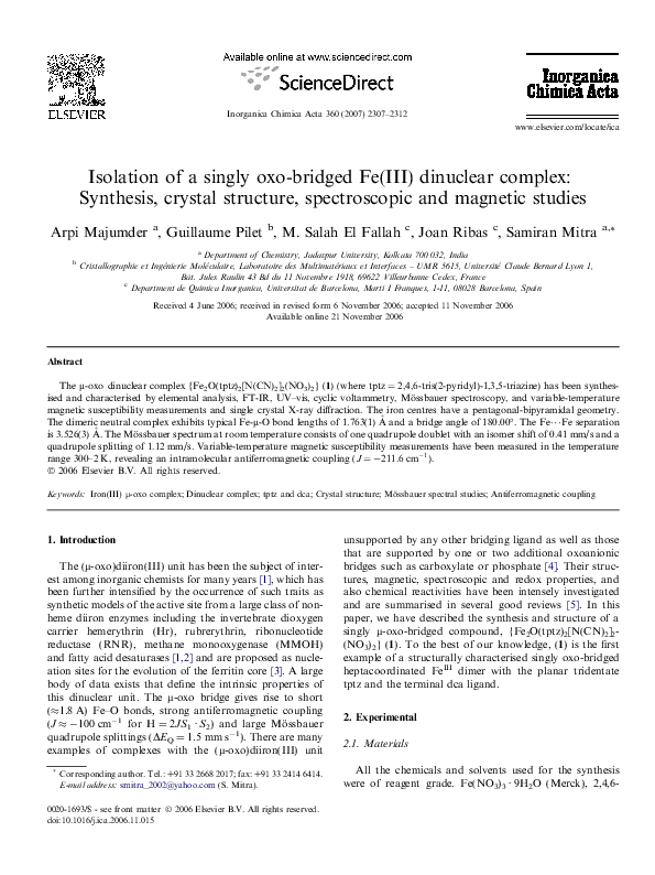 (PDF) Isolation of a singly oxo-bridged Fe(III) dinuclear complex: Synthesis, crystal structure ...