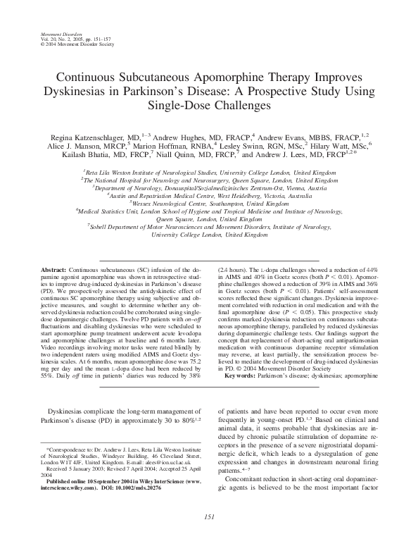 (PDF) Continuous subcutaneous apomorphine therapy improves dyskinesias ...