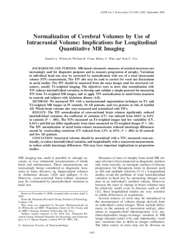 (PDF) Normalization of cerebral volumes by use of intracranial volume ...