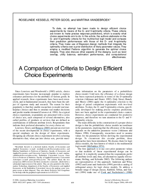 Pdf A Comparison Of Criteria To Design Efficient Choice Experiments Roselinde Kessels