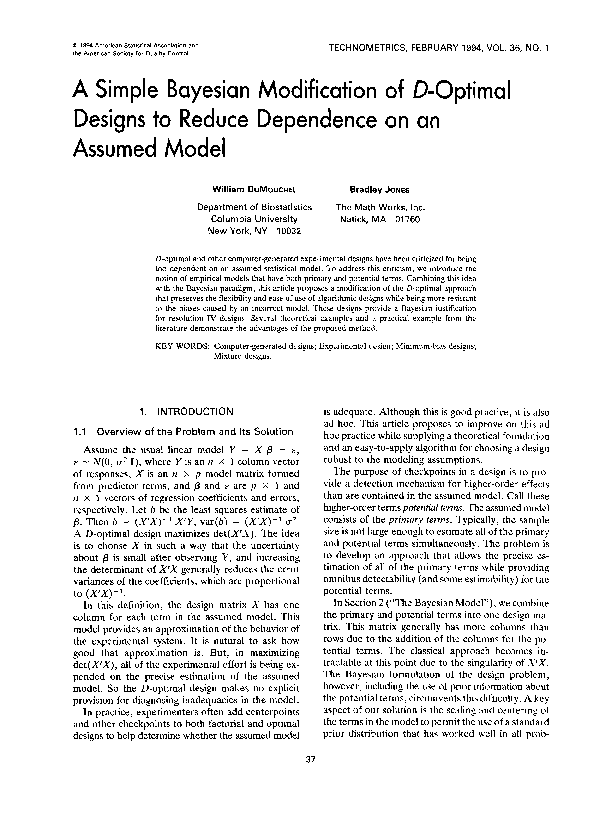 Pdf A Simple Bayesian Modification Of D Optimal Designs To Reduce Dependence On An Assumed Model