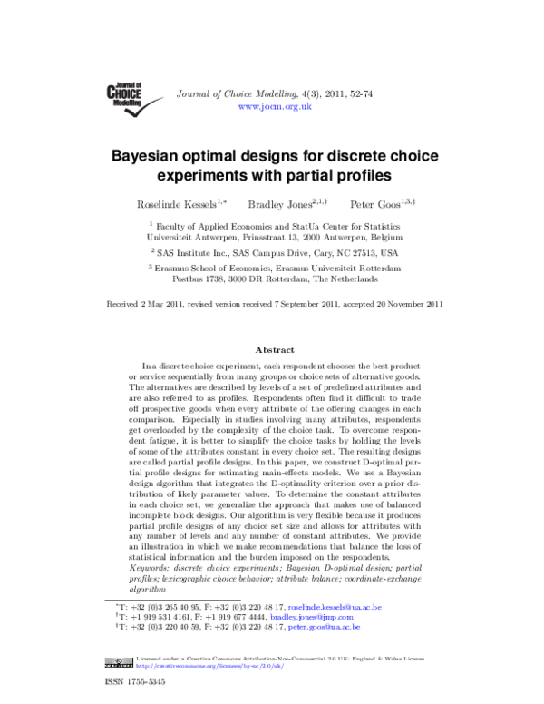(PDF) Bayesian optimal designs for discrete choice experiments with partial profiles