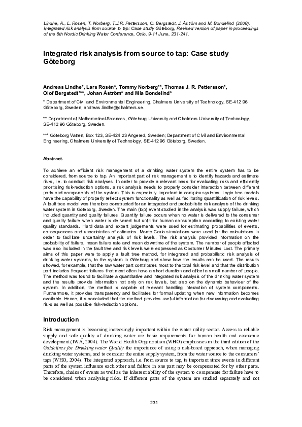 (PDF) Integrated risk analysis from source to tap: Case study Göteborg