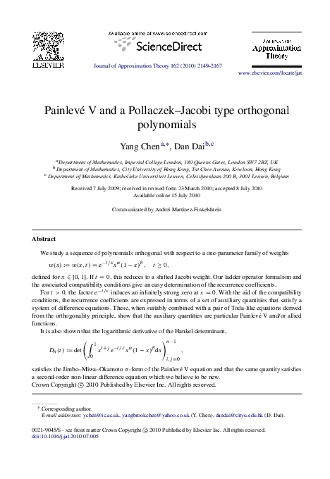 (PDF) Painlevé V and a Pollaczek–Jacobi type orthogonal polynomials