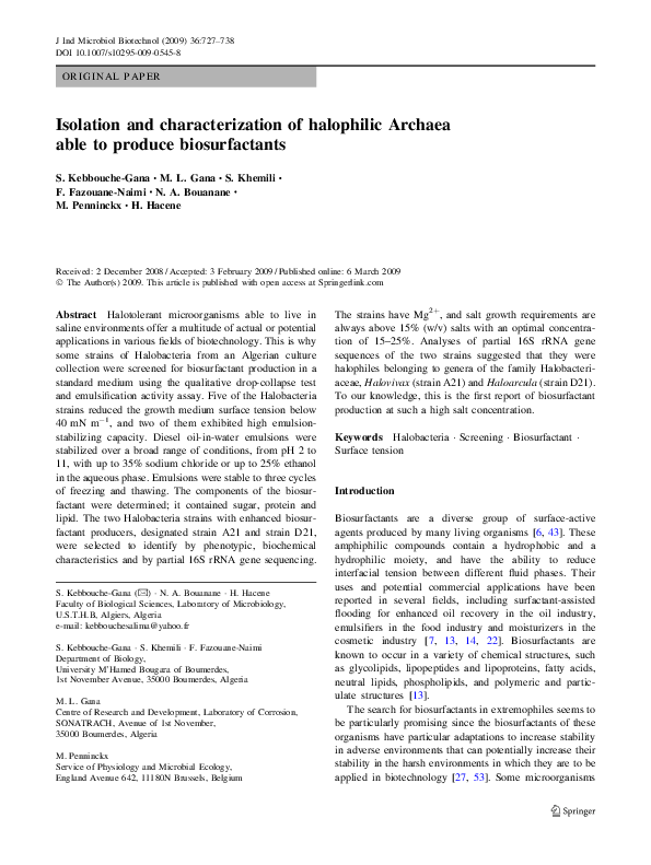 (PDF) Isolation and characterization of halophilic Archaea able to produce biosurfactants