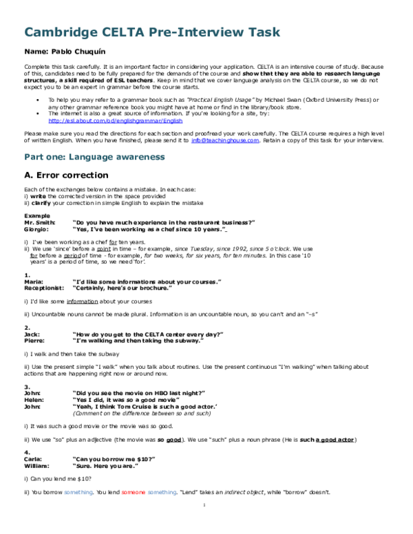 (DOC) Cambridge CELTA Pre-Interview Task