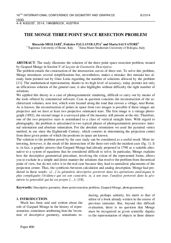 (PDF) THE MONGE THREE POINT SPACE RESECTION PROBLEM