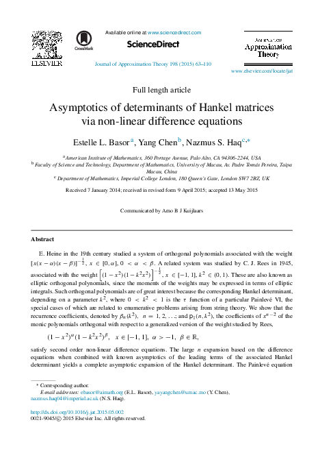 (PDF) Asymptotics of determinants of Hankel matrices via non-linear difference equations