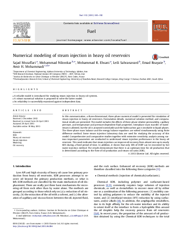 (PDF) Numerical modeling of steam injection in heavy oil reservoirs
