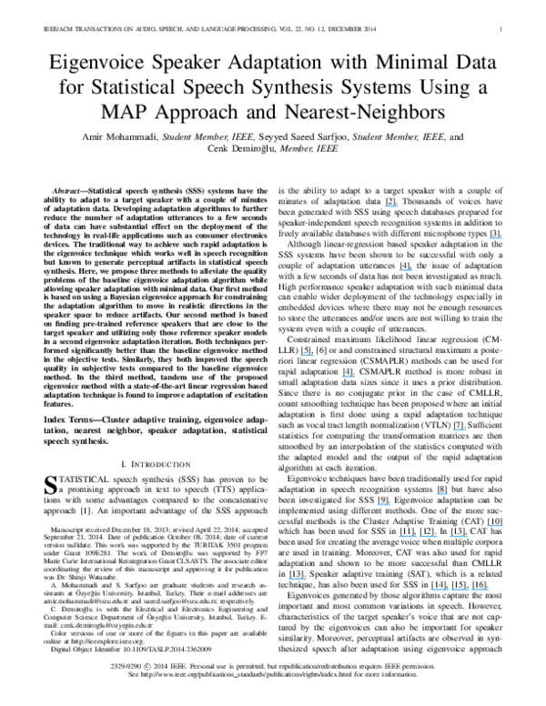 Pdf Eigenvoice Speaker Adaptation With Minimal Data For Statistical