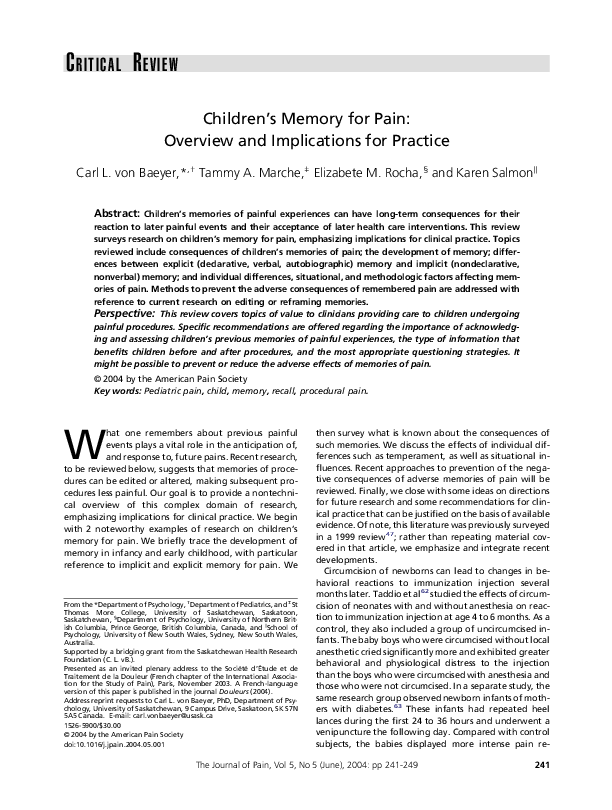 (PDF) Children's memory for pain: overview and implications for practice