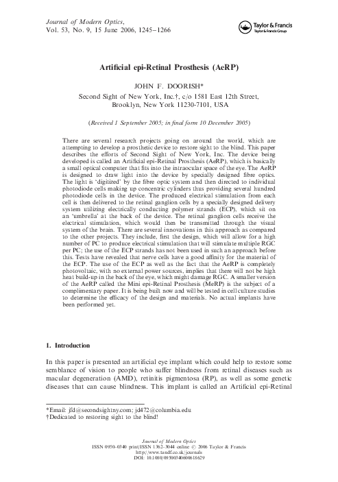 (PDF) Artificial epi-Retinal Prosthesis (AeRP)