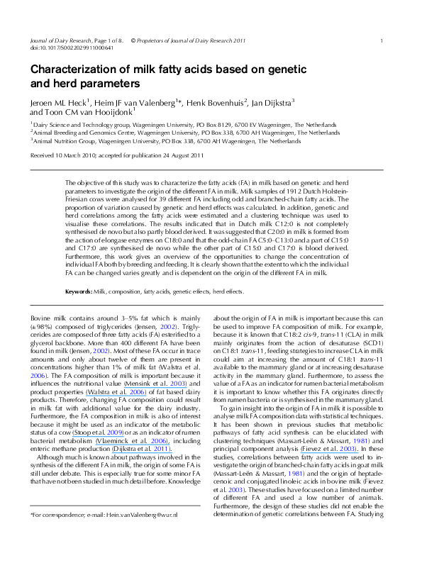 (PDF) Characterization of milk fatty acids based on genetic and herd parameters