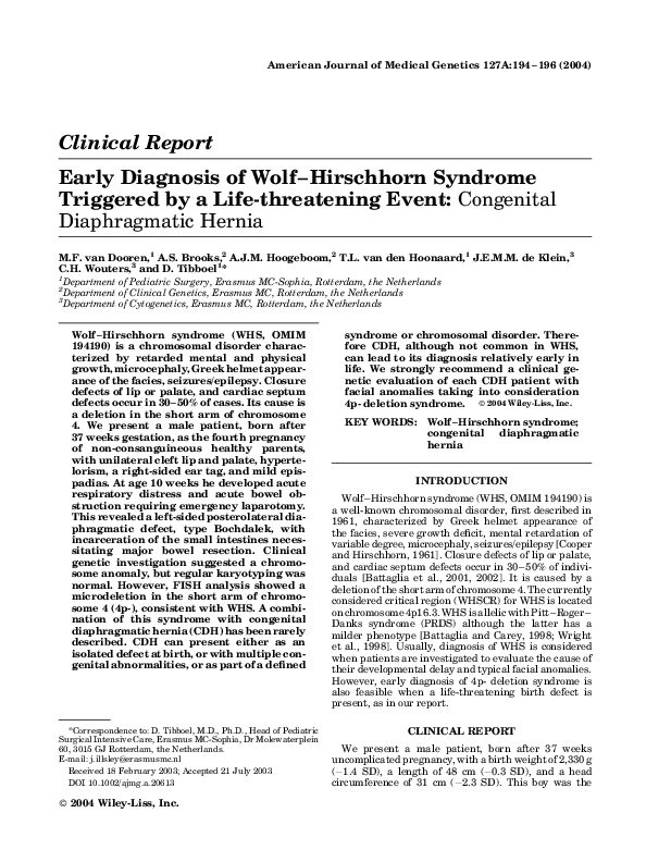 (PDF) Early diagnosis of Wolf-Hirschhorn syndrome triggered by a life-threatening event ...