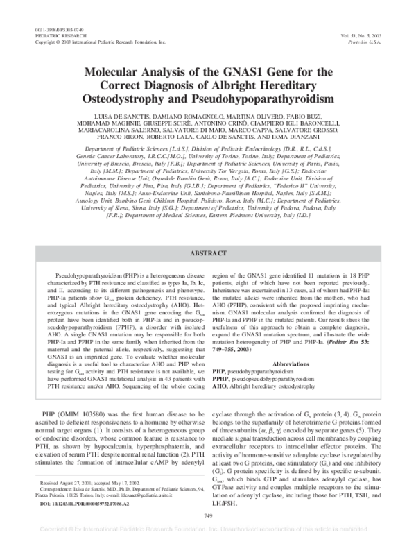 (PDF) Molecular Analysis of the GNAS1 Gene for the Correct Diagnosis of ...