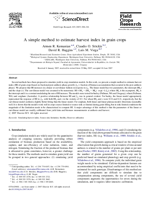 (PDF) A simple method to estimate harvest index in grain crops