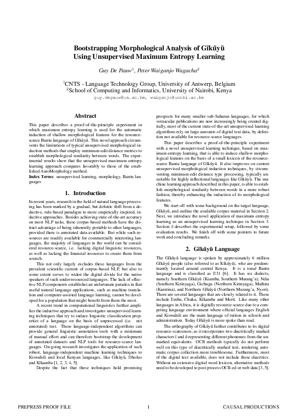 Pdf Bootstrapping Morphological Analysis Of Gĩkũyũ Using Unsupervised Maximum Entropy Learning