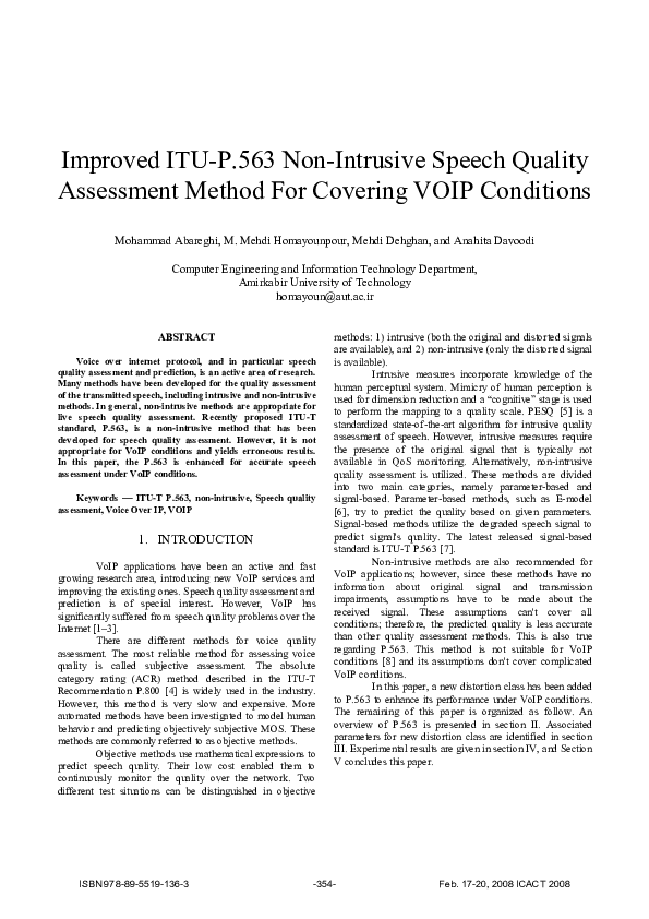 (PDF) Improved ITU-P.563 Non-Intrusive Speech Quality Assessment Method For Covering VOIP Conditions