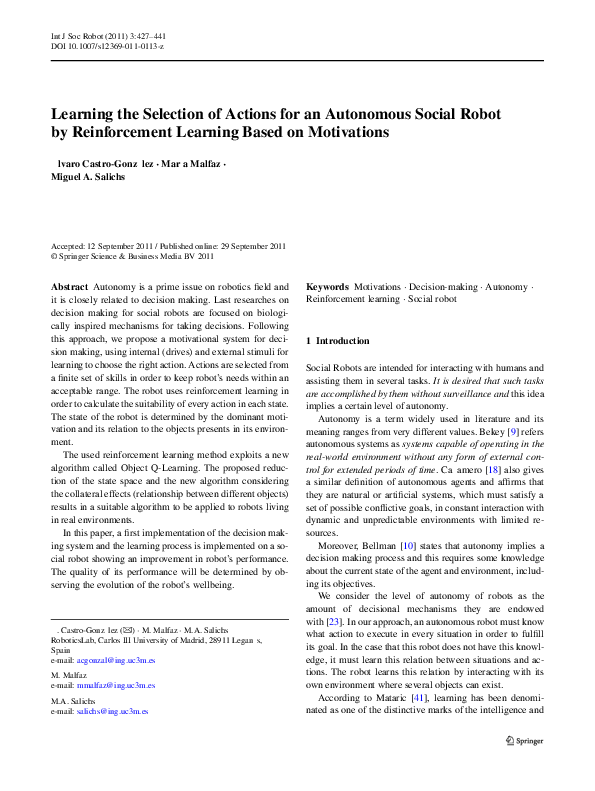 (PDF) Learning the Selection of Actions for an Autonomous Social Robot ...