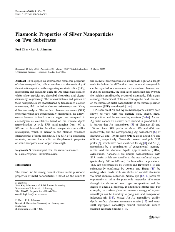 (PDF) Plasmonic properties of silver nanoparticles on two substrates