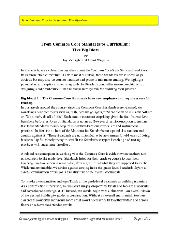 (PDF) From Common Core to Curriculum: Five Big Ideas From Common Core ...