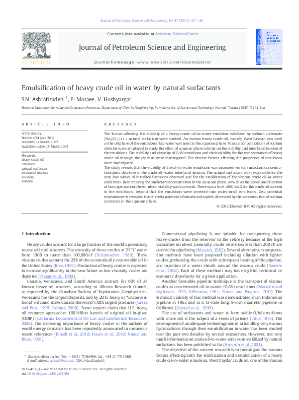 (PDF) Emulsification of heavy crude oil in water by natural surfactants