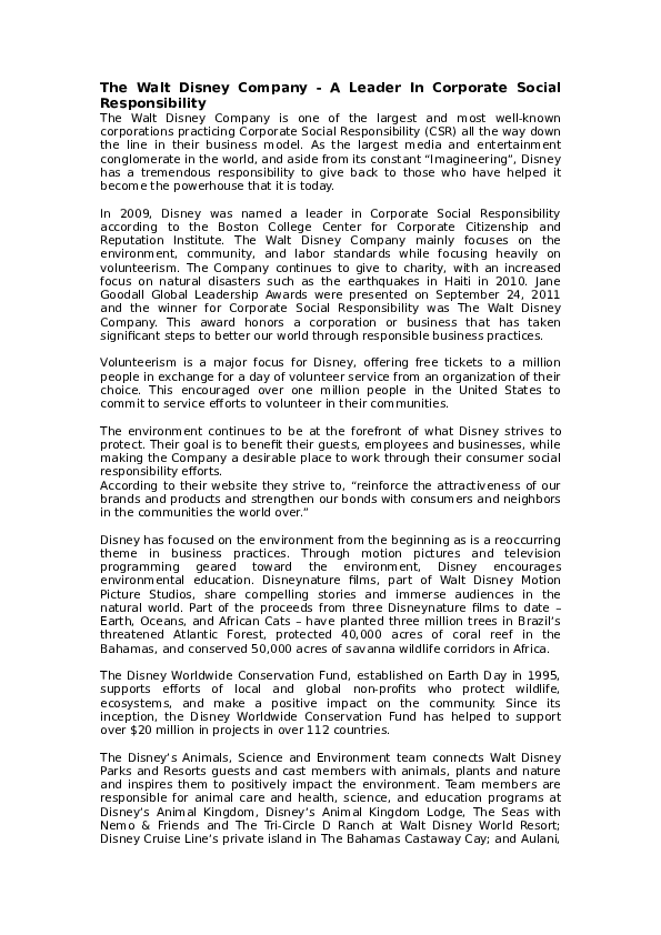(DOC) The Walt Disney Company -A Leader In Corporate Social Responsibility