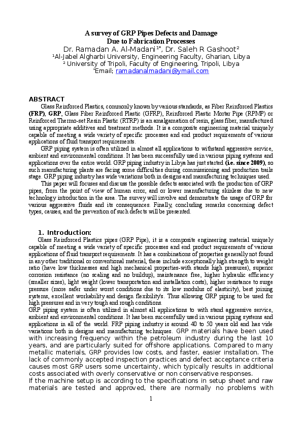 (DOC) A survey of GRP Pipes Defects and Damage Due to Fabrication Processes