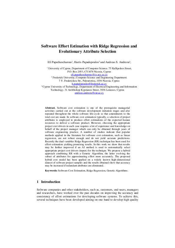 Pdf Software Effort Estimation With Ridge Regression And Evolutionary Attribute Selection