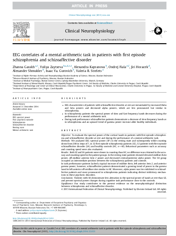 Pdf Eeg Correlates Of A Mental Arithmetic Task In Patients With First